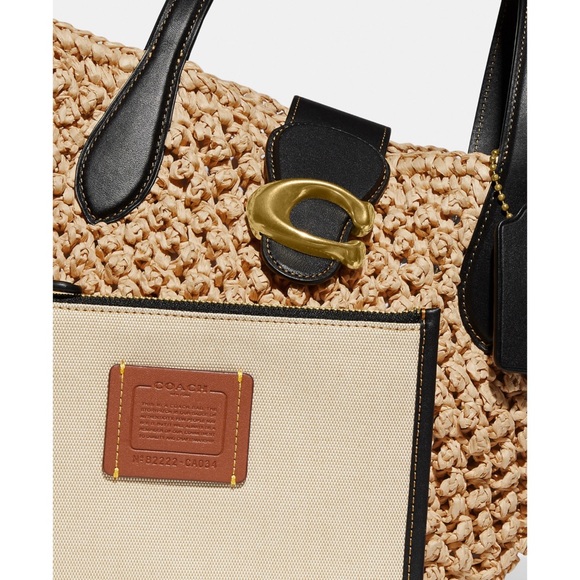 Coach | Bags | Coach Woven Straw Tote W Pouch Nwt Black Leather Handles ...